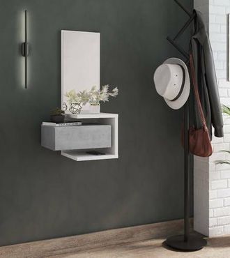 Dmora Eingangsmöbel mit Spiegel, Flureingang mit Schublade und Regal, Taschenleerer für kleine Wohnungen, 43x32h90 cm, Farbe Weiß und Beton