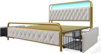 Concept Usine Concept Usine - Cadre de lit en métal 160×200CM, tête de lit led blanche multifonctionnelle, fonction de charge usb Type c intégrée, avec 4 tiroirs