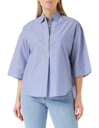 French Connection Damen Rhodes Popover Popeline, kurzärmelig Hemd mit Button-Down-Kragen, Leinen weiß/Marine, Large
