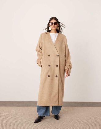 Asos Zweireihiger Wollmix-Mantel in Hellbeige mit Oversize-Schnitt-Weiß