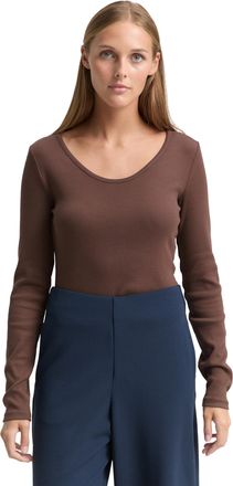 Tom Tailor Damen 1048986 Slim Fit Langarmshirt mit Rippstruktur, 38824-Soft Chocolate Brown, L