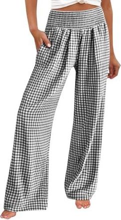 Generic Pantalon &agrave; jambes larges pour femme - Taille haute - Jambe droite - Pantalon Palazzo d&eacute;t&eacute; l&eacute;ger &agrave; carreaux - Pantalon de plage &agrave; carreaux - Pantalon d