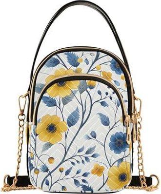 Mnsruu Sac à bandoulière pour femme - Motif fleurs jaunes et feuilles bleues - Petit sac à bandoulière avec sangle réglable