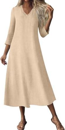 Generic Robe longue en lin pour femme - Col en V - Manches 3/4 - Solide - Longue robe d&eacute;t&eacute; - Tenue de vacances pour la plage et les voyages, beige, XXL