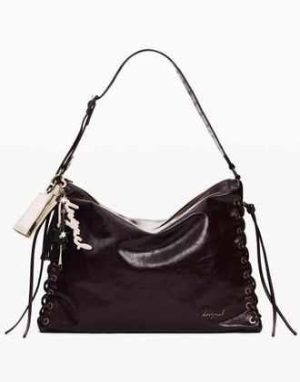 Desigual Gro&szlig;e, gl&auml;nzende Tasche in Braun mit Flechtdetail