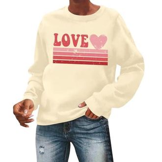 Generic Sweat-shirt de Saint-Valentin 2026 pour femmes : jolies chemises de Saint-Valentin avec imprim&eacute; graphique coeur &agrave; manches longues, beige, XXL