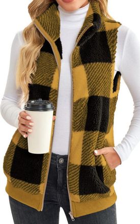 EUDOLAH Damens Fleece Weste mit Rei&szlig;verschluss im Karo-Muster Warme Steppweste mit Stehkragen in Langer Weiter Passform f&uuml;r Winter und Freizeit(3XL,Gelb)
