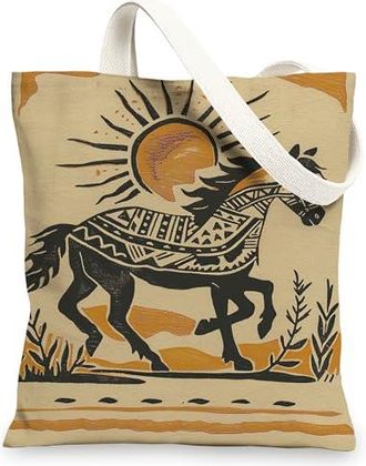 Generic Sacs fourre-tout en toile équestre, motif cheval artistique, sacs de courses légers et réutilisables, rustiques, vintage, lavables à lépaule Str, beig