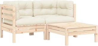 vidaXL 3-tlg. Garten-Lounge-Set mit Kissen in Creme Massivholz Kiefer - Vidaxl
