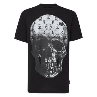 Philipp Plein Homme, Tops, Noir, Taille: 2XL T-Shirt Col Rond MC Imprim&eacute; Cr&acirc;ne
