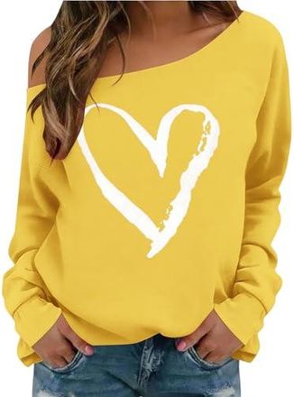 Generic Sweat-shirt &agrave; &eacute;paules d&eacute;nud&eacute;es avec imprim&eacute; coeur pour femme - Manches longues - Col rond - Pull d&eacute;contract&eacute; - Jaune