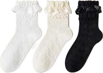 Generico Ensemble de chaussettes &agrave; franges en dentelle de couleur unie, chaussettes respirantes pour femme, Mix Color 3 Pairs, Taille Unique