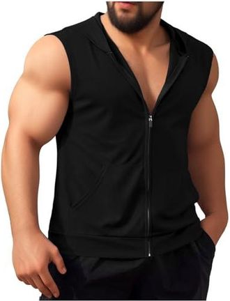 Generic Gilet sans manches pour homme avec capuche pour les sports de loisirs, couleur unie, Noir, XXXL