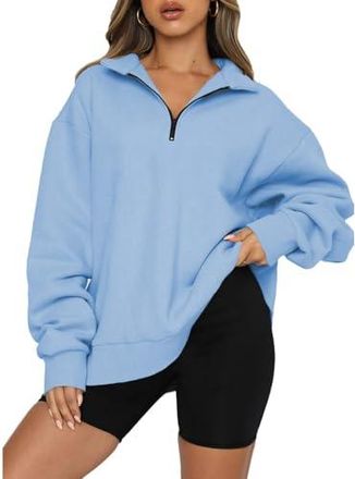 Generic Sweat-shirt &agrave; &eacute;paules tombantes pour femme, pull &agrave; fermeture &eacute;clair quart, sweatshirts tendance pour femmes, pulls dautomne, bleu ciel, XXL
