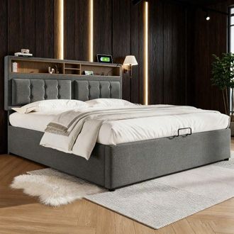 Generic Jugendbett als Polster-Doppelbett 140x200 cm, mit USB-C-Steckdose im Kopfteil, Stauraumfunktion, Leinenbezug und inklusive Lattenrost