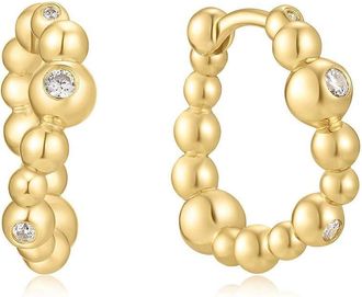 Ania Haie Damen Ohrring MELODIC POET Bezel Beaded Curved Huggie Hoop aus 925 Sterling Silber 14k vergoldet, besetzt mit 6 Zirkonia und Goldperlen, Länge 16mm, i