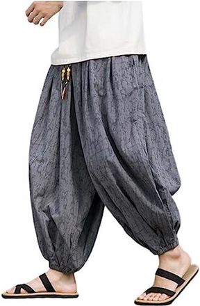 Generic Pantalon bouffant en lin pour hommes : pantalon bouffant avec imprim&eacute; pantalon sarouel avec taille &eacute;lastique pantalon &eacute;vas&eacute; pantalon en lin surdimensi