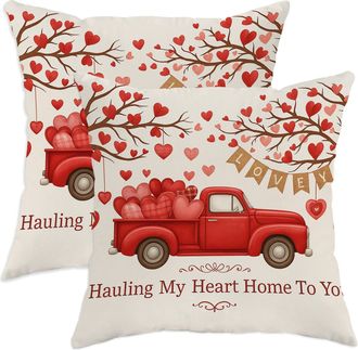 Generic Romantischer LKW Mit Fantasievollen Herzen Und Zweigen In Rot Sofakissen Mit Rei&szlig;verschluss Kissenh&uuml;llen Komfort Sofakissenbezug F&uuml;r Schlafzimmer Sofa
