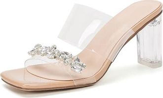 Generic MiaZane Sandales Slide Cristal Transparent Femme Mules &agrave; Talon Bloc &Eacute;pais avec Bride D&eacute;cor&eacute;e Strass Bout Carr&eacute; &agrave; Enfiler Chaussures de Robe pour &Eacute;v&eacute;ne