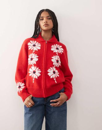 Reclaimed Vintage Gilet en maille avec fermeture &eacute;clair et motifs fleurs - Rouge cerise