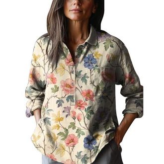 Generico Chemise Femme D&eacute;contract&eacute;e Manches Longues Chemisier Coton Et Lin Courb&eacute; Grande Taille Chemises Col V Mode T Shirt Vintage Fantaisie avec Boutons Clas