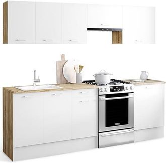 IDMarket Cuisine compl&egrave;te 240 cm Subtil avec Plan de Travail 7 &eacute;l&eacute;ments Bois et Blanc