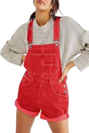 ORANDESIGNE Salopette Femme Courte en Velours Côtelé Salopette Short avec Poches à Couleur Unie Combinaison A Rouge XXL