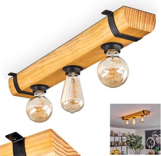 HOFSTEIN Deckenleuchte Skads, Deckenlampe aus Holz/Metall in Naturfarben/Schwarz, Leuchte im modernen Retro/Vintage/Industrial-Design mit Holzbalken, 3 x E27, 