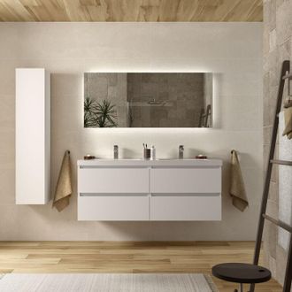 Cygnus Bath Meuble salle de bain - 140 cm - Plan double vasques charge min&eacute;rale - Blanc mat - A suspendre - KARAIB