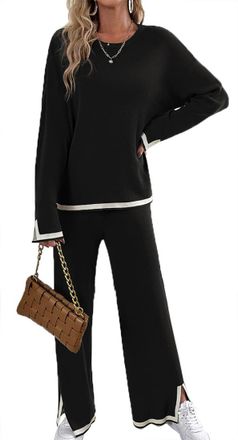OLIPHEE Damen Elegant 2 Teiler Business Casual Stricktop und Strickhose Set - Bequeme Loungewear Trainingsanzug Mit Langarm Strickpullover