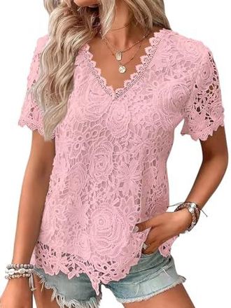 TOMWELL Femme Tee Shirt Dentelle Couleur Unie Manches Courtes Loisirs Dété Chemisier en Dentelle Blouse Décontracté en Dentelle Tops Chemisiers A Rose 3XL