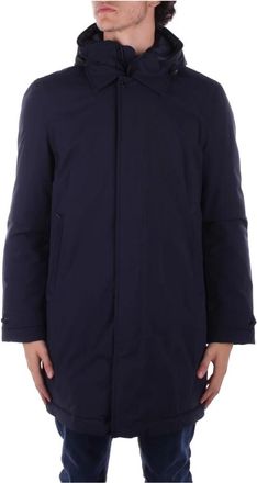 Woolrich Homme, Manteaux, Bleu, Taille: L Manteau bleu à capuche avec boutons et fermeture éclair
