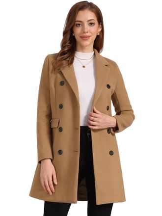 Allegra K Damen-Wintermantel, eleganter Trenchcoat mit gekrempelter Revers und doppelter Knopfleiste, CAMEL, XL