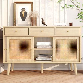STILVORA Buffet Et Enfilade avec 3 Tiroirs et 3 Portes Coulissantes, Rotin, &Eacute;tag&egrave;res R&eacute;glables, Ch&ecirc;ne, 120&times;40&times;78 cm