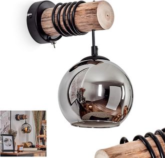 HOFSTEIN Wandleuchte Koyoto, Wandlampe aus Metall/Holz/Glas in Schwarz/Natur/Chrom, Leuchte im Retro/Vintage-Design mit Schirm aus Glas (&Oslash; 15 cm) u. An/-Auscha