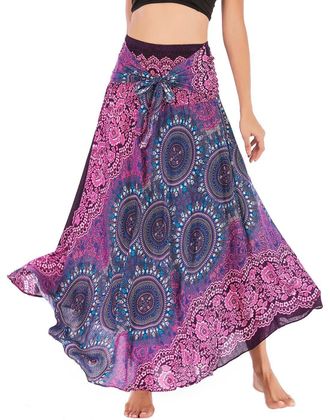 Feoya Verstellbares Riemen Kleid Freizeit Urlaub Sommerrock Lang Gedruckter Rock Damen Chiffon Bohemien Maxirock Strandkleider - Muster 8