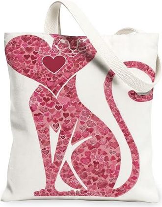 Generic Sac fourre-tout en toile motif chat en forme de coeur, sacs &agrave; provisions r&eacute;utilisables, l&eacute;gers et lavables pour la Saint-Valentin, bandouli&egrave;re lavable