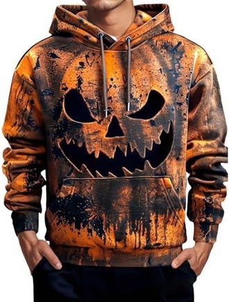 Generic Sweatshirt dhalloween pour Homme Motif Imprimé Fantôme Humour Citrouille Sweater Manches Longues Blouse Capuche Costume De Halloween Homme Mode Casual