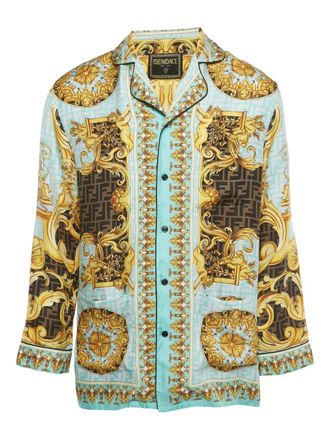 Fendi chemise x Versace en soie turquoise &agrave; imprim&eacute; baroque - Bleu
