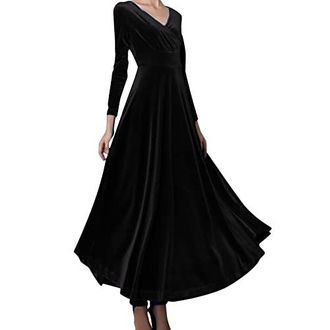 Generic Robe en velours pour femme - Robe maxi grande taille pour invit&eacute;es de mariage - Robe corset &agrave; manches longues pliss&eacute;es - Jupe &agrave; ourlet large - &Eacute;paules