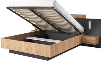 Vente-Unique Lit 140 x 190 avec sommier LED - Gris Anthracite, Naturel Clair - avec Tiroir - FRANCOLI