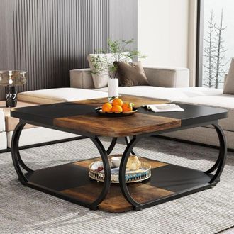 Tribesigns Tribesigns - Table basse carr&eacute;e 100x100x50 cm - Bois noir et marron rustique - Design moderne et rustique - Espace de rangement pratique