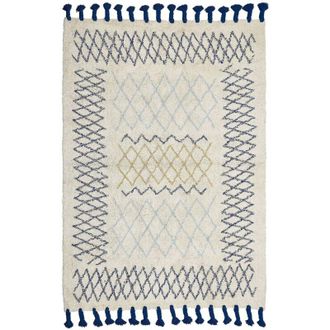Beliani Tapis en Coton &agrave; Motif G&eacute;om&eacute;trique et Pompons 160 x 230 cm Beige et Bleu Erzincan