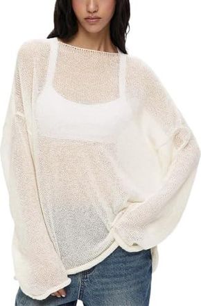 Generic Pull d&eacute;t&eacute; ample pour femme, pull ajour&eacute;, pull en maille transparente pour femme, ecru, S
