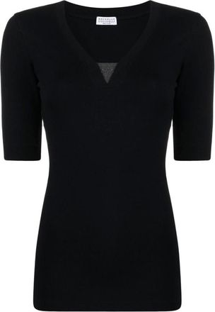 Brunello Cucinelli Femme, Pulls, Noir, Taille: 40 FR Haut en maille &agrave; col en V