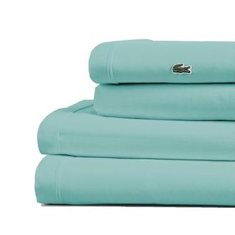 Lacoste Bettlaken-Set, 100% Baumwollperkal, atmungsaktiv, kühlend und in Hotelqualität, Tiefe Taschen, leicht anzubringen, Öko-Tex-Zertifiziert, Wasserblau, D