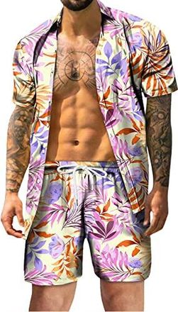 Generic Ensemble chemise et short hawaïen pour homme - Chemise de plage à fleurs tropicales - Tenue dété hawaïenne à manches courtes - Chemise à fleurs bouton