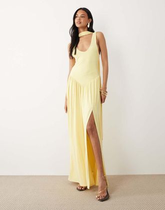 Asos Robe longue pr&egrave;s du corps avec d&eacute;tail foulard - Citron-Jaune