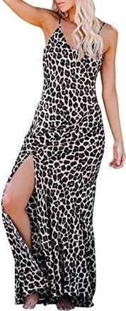 Generic Robe amincissante d&eacute;t&eacute; sans manches avec col en V profond et imprim&eacute; l&eacute;opard, caf&eacute;, XXL