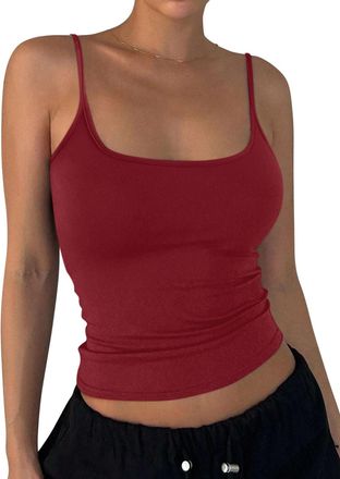 Onsoyours Spaghetti Top Damen Sommer Tank Top &Auml;rmellose Oberteile Sexy Slim Fit Cami Crop Top Einfarbig Basic Shirts A Weinrot XS